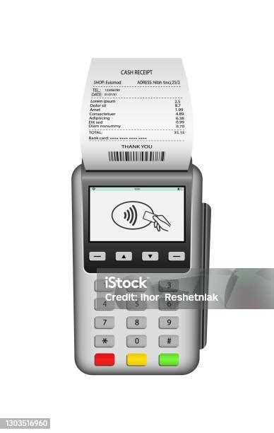 Pos 터미널 지불을위한 Pos 기계 송장으로 Nfc 지불 카드 는 영수증과 터미널에서 지불합니다 도움말 신용 직불 카드와 무선 결제의 현실적인 모형 구입 장치 벡터 0명에