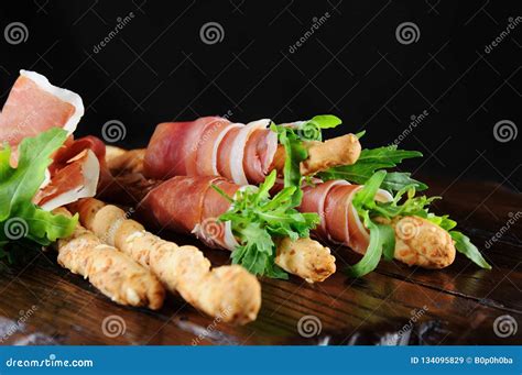 Grissini With Prosciutto And Arugula Stock Image Image Of Break