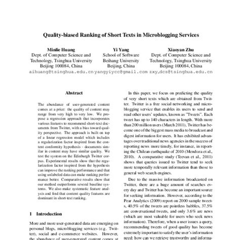 Quality Biased Ranking Of Short Texts In Microblogging Services Acl