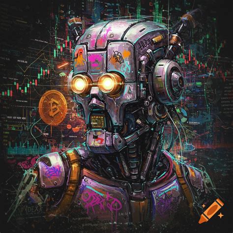 Cyberpunk Steampunk Robot With Glowing Eyes In Front Of Digital Stock Market Charts And