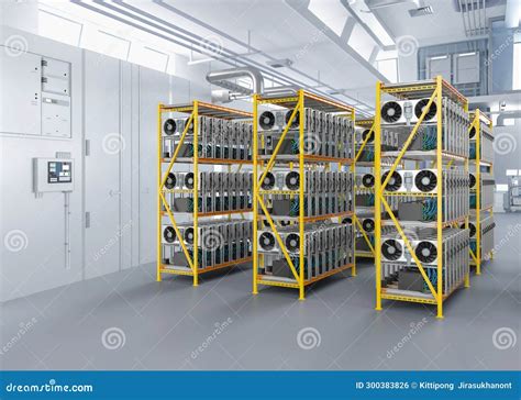 Mining Farm With Graphic Card Or Gpu Rack In Warehouse Stock