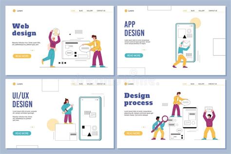 Web And UI UX Design Process With Abstract Characters Landing Pages Set Flat Vector