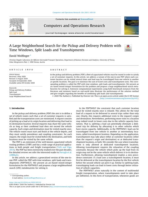 pdf a large neighborhood search for the pickup and delivery problem