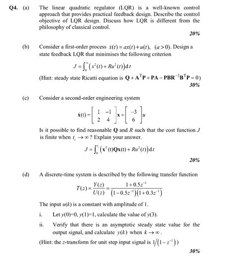 Q A The Linear Quadratic Regulator LQR Is A Chegg