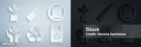 세트 재활용 기호와 잎 휘발유 용기 없음 환경 보호의 식물 손 재활용 비닐 봉투 배터리 및 병 아이콘 벡터 3차원 형태에 대한