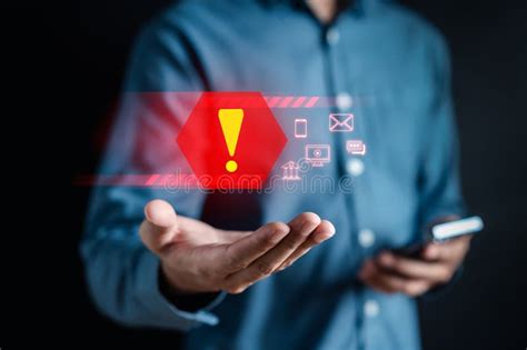 System Warning Caution Sign On Smartphone Scam Virus Attack On Firewall For Notification Error