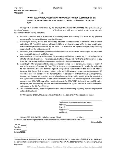 Phi Bir 2316 Waiver W Previous Employer Pdf Affidavit Employment