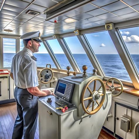 A Ship Captain Stands At The Helm Of His Vessel Navigating The Open Ocean Premium Ai Generated