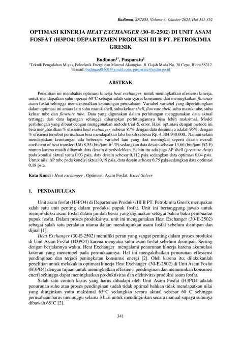 (PDF) OPTIMASI KINERJA HEAT EXCHANGER (30–E-2502) DI UNIT ASAM FOSFAT (H3PO4) DEPARTEMEN ...