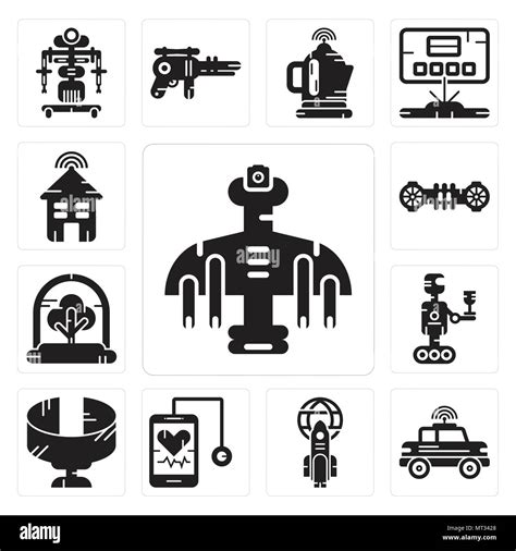 Set Of 13 Simple Editable Icons Such As Drone Car Rocket Stethoscope Panoramic View Robot