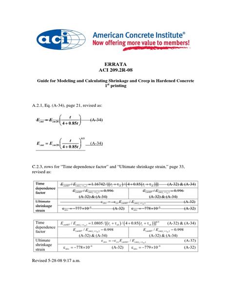 Errata Aci 209 2r 08 Guide For Modeling And Calculating Shrinkage And Creep In Hardened