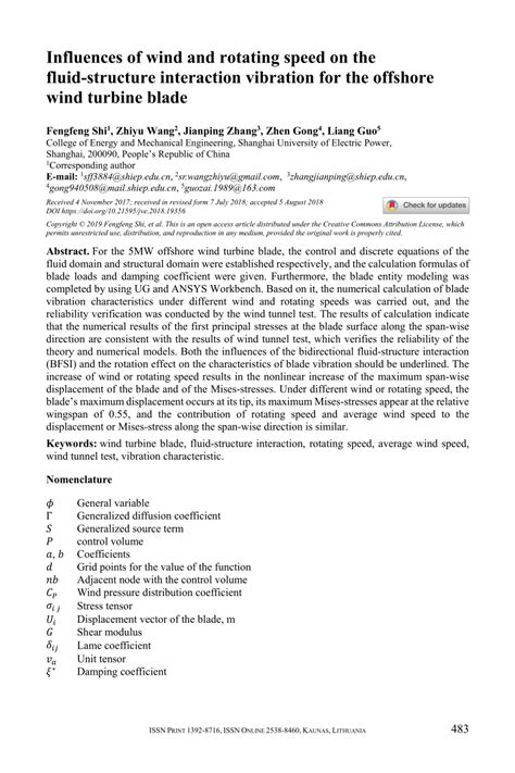 Pdf Influences Of Wind And Rotating Speed On The Fluid Structure Interaction Vibration For The