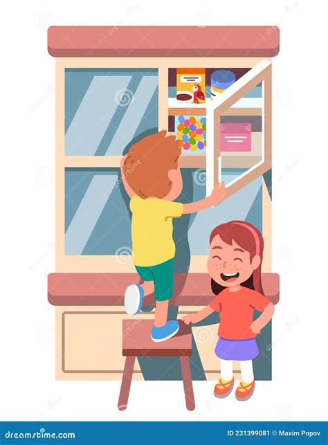 Girl Boy Stealing Hidden Sweets In Kitchen Stock Vector Illustration