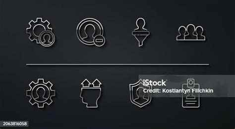 라인 헤드 헌팅 장비를 가진 인간 사용자 그룹 보호 Of 계정 화면 만들기 식별 배지 및 아이콘을 설정합니다 벡터 개념에 대한 스톡 벡터 아트 및 기타 이미지 Istock
