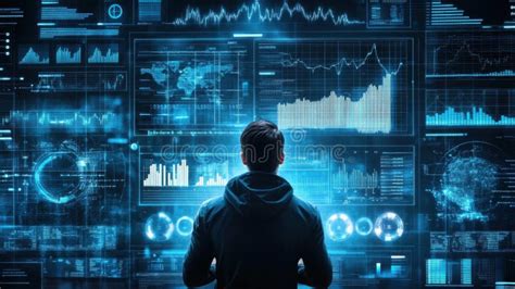 Person Analyzing Futuristic Data On Multiple Digital Screens Stock