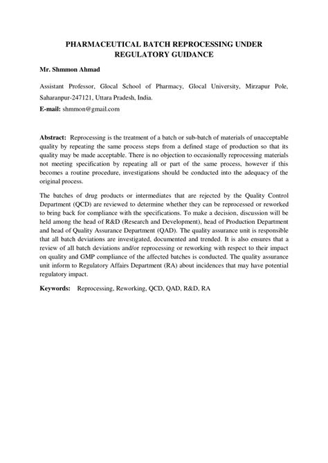 Pdf Pharmaceutical Batch Reprocessing Under Regulatory Guidance