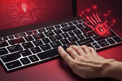 잠금이 풀린 아이콘으로 컴퓨터 키보드에 해커의 손을 넣은 사이버 공격 안전하지 않은 네트워크 인터넷 보안 빨간색 배경의 디지털 포렌식 개념 프리미엄 Ai 생성 이미지