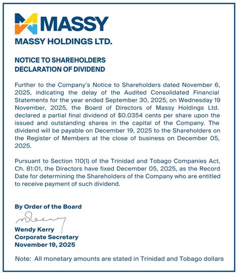 Declaration Of Dividend Massy Group