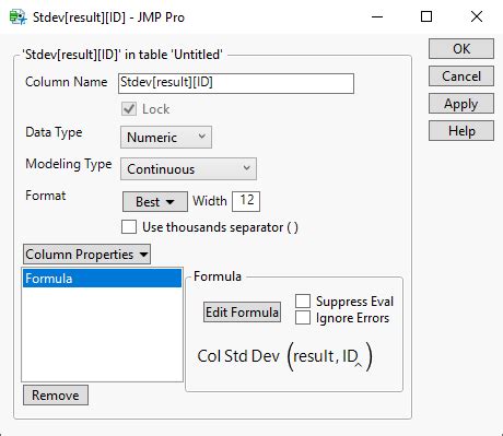 Solved: how to use jsl to calculate standard deviation by ID - JMP User Community
