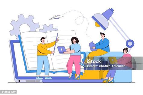 온라인 학생들은 젊은이들에게 책과 인터넷에서 배우는 방법을 가르치는 교사와 함께 개념을 가지고 있습니다 랜딩 페이지 웹 배너 인포그래픽 영웅 이미지를 위한 최소한의 벡터