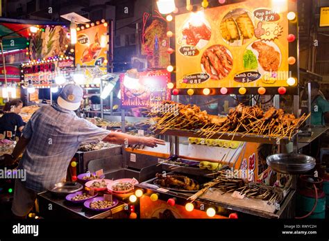 Fried And Bbq Meat Skewers Stall At Jalan Alor Food Street And Night