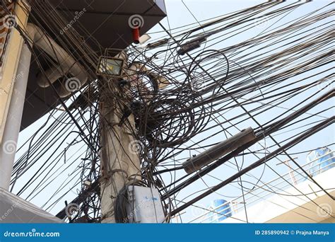 Messy Electrical Cables In Nepal Example Of Uncovered Optical Fiber Technology Light Pole With