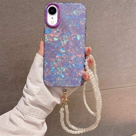 For Iphone Xr Shell Texture Crossbody Pearl Chain Tpu Hybrid Acrylic Phone Case Purple