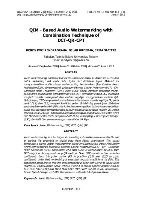 Pdf Qim Based Audio Watermarking With Combination Technique Of Dct Qr Cpt Irma Safitri
