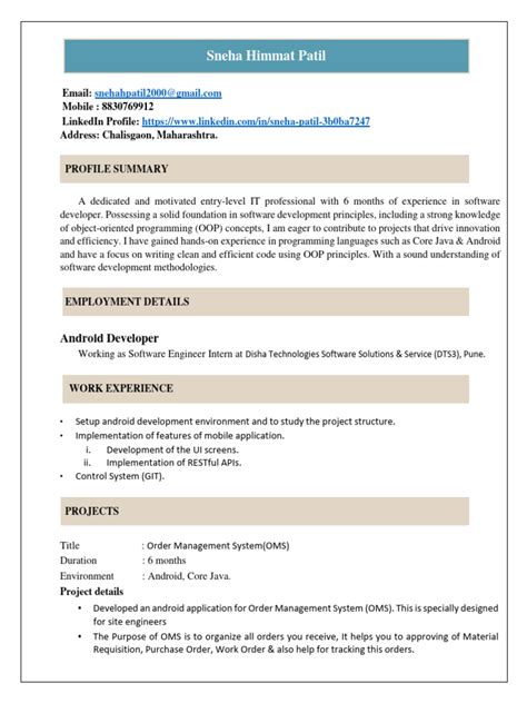 sneha resume pdf java programming language android operating