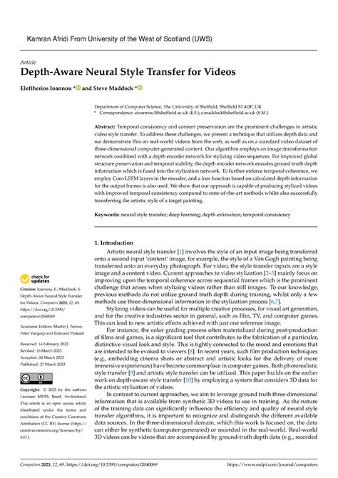 Depth Aware Neural Style Transfer For Videos Citation Ioannou E Maddock S Depth Aware