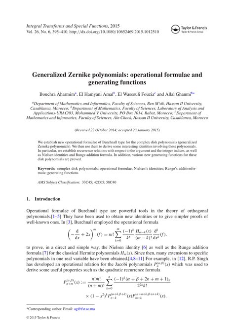 Pdf Generalized Zernike Polynomials Operational Formulae And