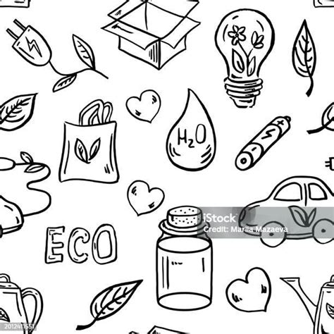 생태학 원활한 패턴입니다 손으로 그린 낙서 벡터 그림입니다 생태 문제 재활용 및 녹색 에너지 아이콘 환경 기호 개념에 대한 스톡 벡터 아트 및 기타 이미지 Istock