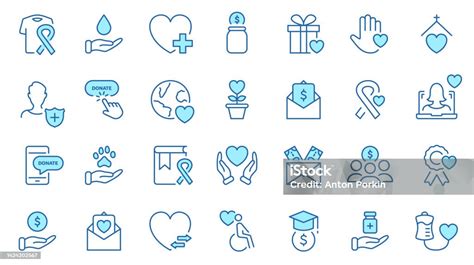 자선 및 기부 선형 아이콘 세트 도움을 주고 돈을 기부 의류 음식 의약품과 사람들을위한 사랑 자원봉사 자선 및 도움 개념 편집 가능한 스트로크 벡터 일러스트레이션 아이콘에