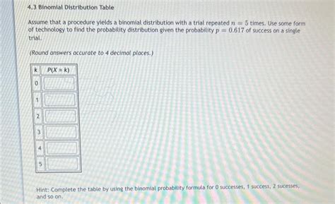 solved 4 3 binomial distribution table assume that a
