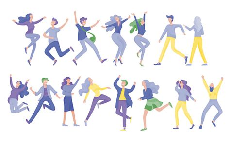 다양한 포즈에서 캐릭터를 점프 젊은 즐거운 웃음 사람들의 그룹은 제기 손으로 점프 행복 한 긍정적인 젊은 남자와 여자 개념에