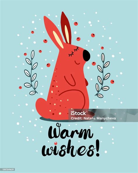 눈 배경에 문자와 귀여운 만화 토끼 따뜻한 소원 문구 재미있는 캐릭터와 인사말 카드 벡터 플랫 일러스트레이션 겨울에 대한 스톡 벡터 아트 및 기타 이미지 Istock