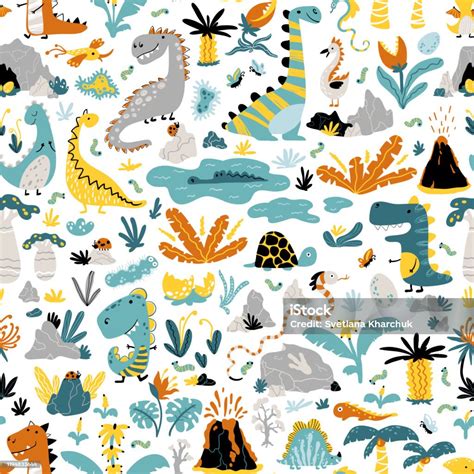 공룡 새 뱀 정글 열대 화산 야자수 구름 계란의 다양한 귀여운 원활한 패턴 스칸디나비아 스타일의 아기 벡터 일러스트레이션입니다