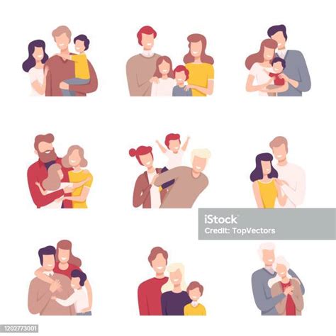행복한 사랑하는 가족 웃는 부모와 그들의 아이 포용 각각의 다른 벡터 그림 세트 가족에 대한 스톡 벡터 아트 및 기타 이미지