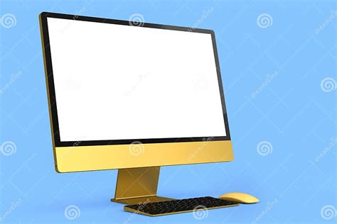 Realistic Gold Computer Screen Display With Keyboard And Mouse Isolated On Blue Stock
