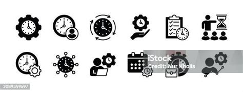 시간 관리 비즈니스 아이콘 세트입니다 일정 마감일 시계 타이머 모래 시계 효율성 계시원 목록 목표 생산성 작업 기어 설정을