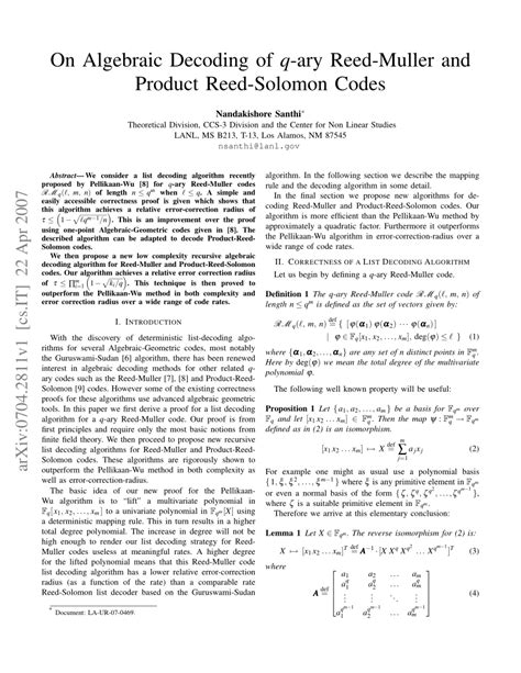 Pdf On Algebraic Decoding Of Q Ary Reed Muller And Product Reed Solomon Codes
