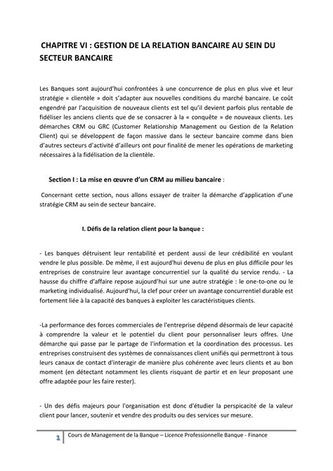 CHAPITRE VI GESTION DE LA RELATION BANCAIRE AU SEIN DU SECTEUR BANCAIRE