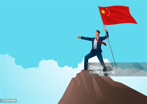 중국 사업가가 자랑스럽게 산 정상에 서서 중국 국기를 높이 들고 있다 가리키기에 대한 스톡 벡터 아트 및 기타 이미지 가리키기 개념 겨냥 Istock