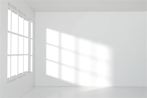 Белая пустая комната с солнечным светом исходит из окна 3d рендеринга Премиум Фото