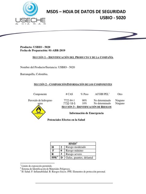 Usbio 5020 Msds Pdf Agua Química