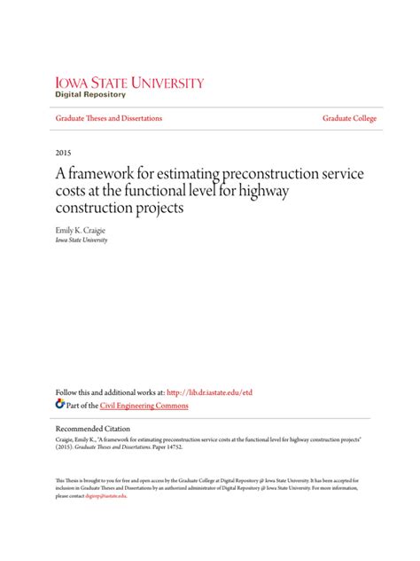 A Framework For Estimating Preconstruction Service Costs At The Functional Level For Highway