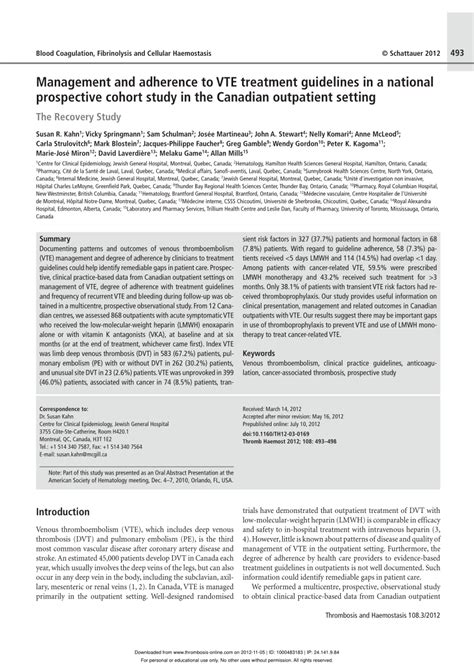 Pdf Management And Adherence To Vte Treatment Guidelines In A National Prospective Cohort