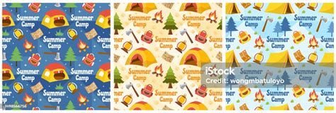 여름 캠프 세트 캠핑과 여행 요소의 원활한 패턴 디자인 템플릿 손으로 그린 만화 플랫 일러스트레이션 0명에 대한 스톡 벡터 아트 및 기타 이미지 Istock