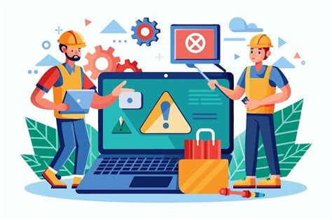 Two Technicians Solve Laptop Issues Using Tools And Software Surrounded By Equipment And Alerts