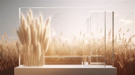 고요한 자연 경관 속에 제품 디스플레이 연단 세트가 있는 젖빛 유리 배경의 3d 렌더링 연단 배경 그린 필드 배경 레이